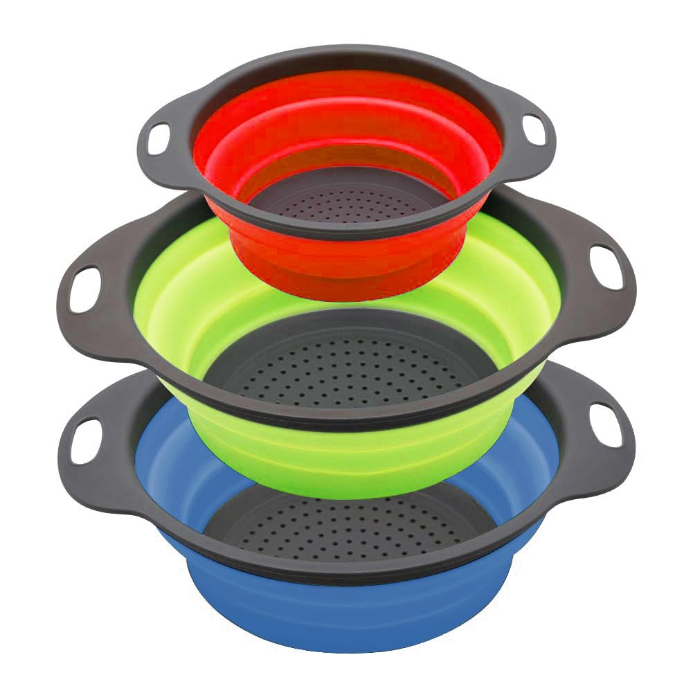 Collapsible Colander/Strainer Set of 3, Silicone Kitchen Strainers with ...