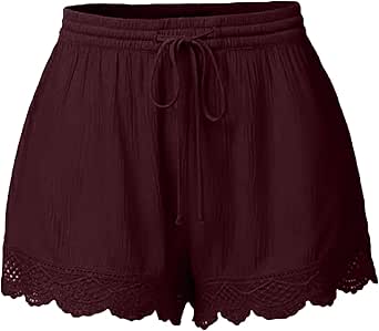 Generic Elastic Waist Summer Shorts for Women Lace Hem Drawstring Wide ...