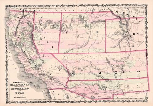 Antique Map Replica of Johnson 1861 Map of California, New Mexico, Utah ...