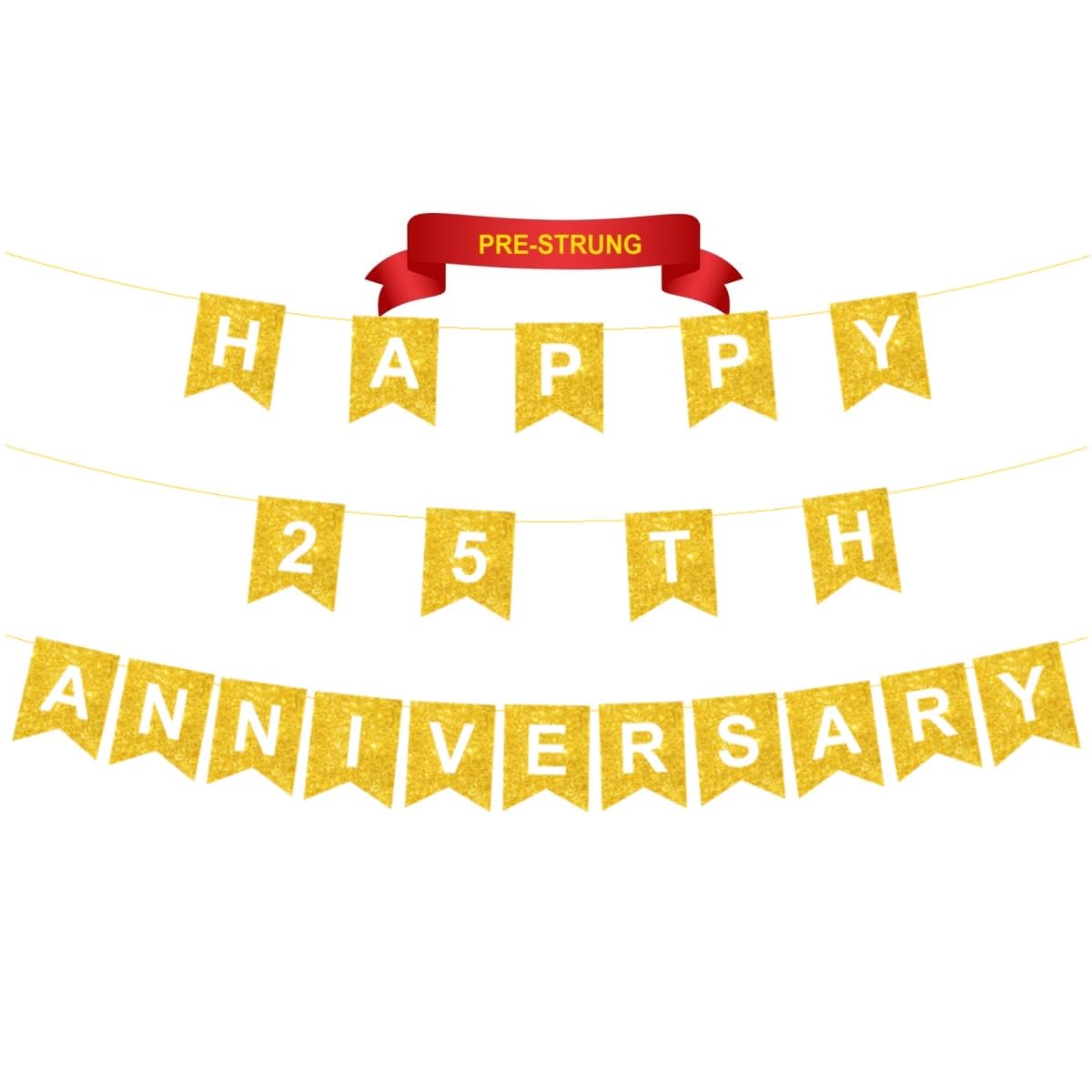 Amazon.com: HAPPY 25TH ANNIVERSARY Banner, PRE-STRUNG, Gold Glitter ...