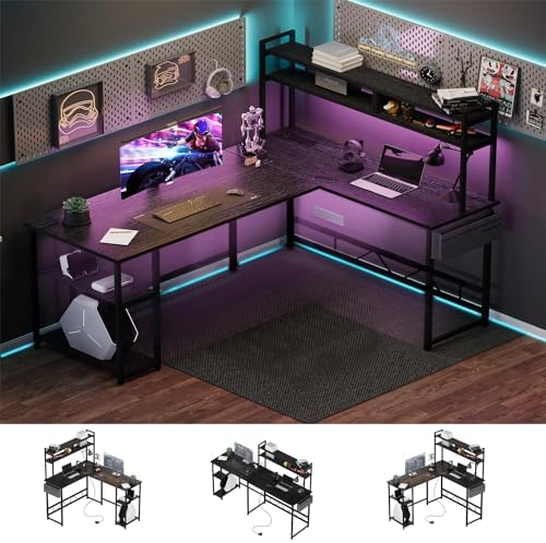 Flamaker L Shaped Gaming Desk with LED Lights & Power Strips, 120x140cm ...