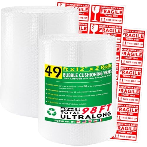 2 Pack 12 Inch X 49 Ft Bubble Wrap Roll for Packing, Perforated Every ...