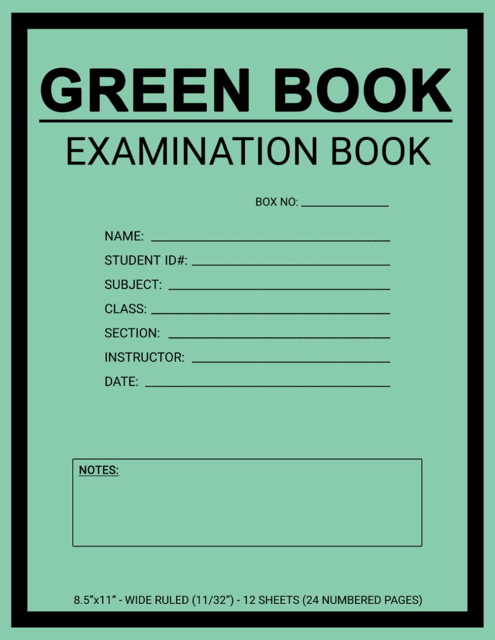 Green Book Examination Book: Wide Ruled, 8.5" x 11" (Inches) - 12 ...