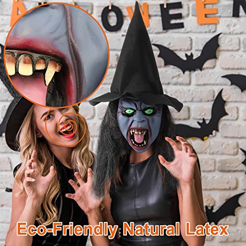 Buy HANTURE Halloween Scary Witch Mask with Black Hair and Hat Latex ...
