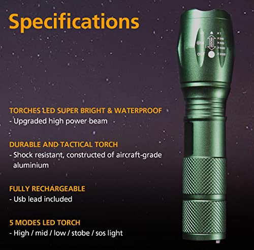 Nova Military Green Torch LED Rechargeable Flashlight Adjustable Focus ...