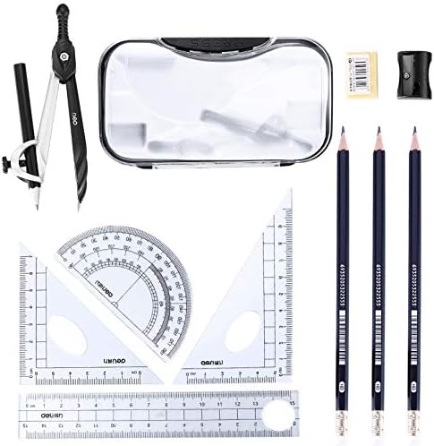 Maths Kit, 9 PCS Protractor and Ruler Set Geometry Drafting Compass Box ...