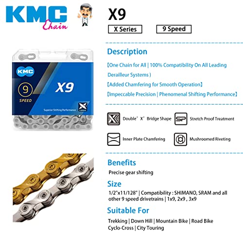 KMC 9 스피드 고리, KMC X9 116 Links, 로드 MTB 마운틴 자전거 자전거 체인 Missing 링크, 블랙/ 그레이