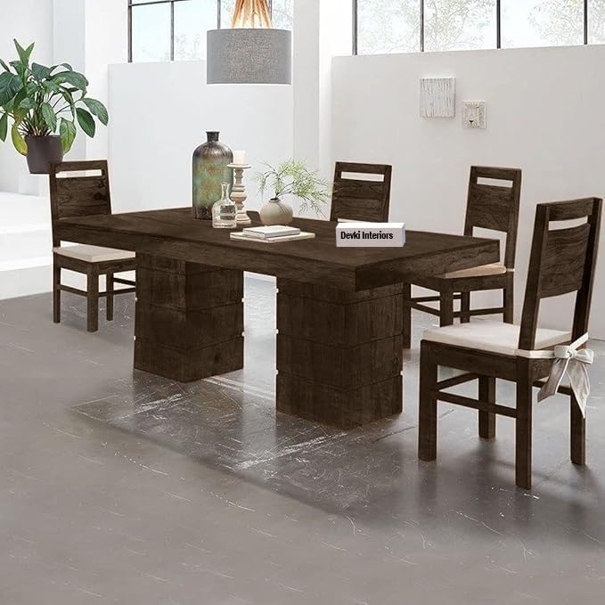 DEVKI INTERIORS Kingdom Solid Wooden Dining Table 4 Seater with Chairs & 1 Bench for Home ...