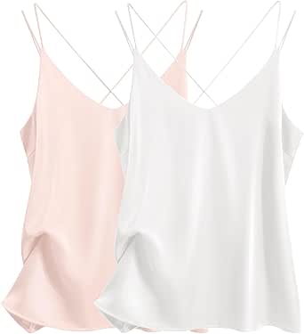 Ekouaer Womens 2-Pack Silk Satin Camisole Tank Top V Neck Sexy Cross ...