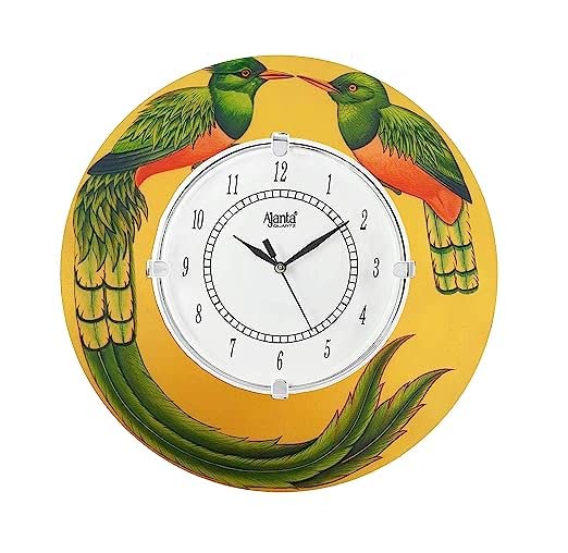 Buy Ajanta Wall Clock Hand Painted Designer Yellow Birds Wooden Wall ...
