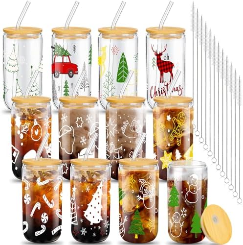 Amazon.com: Umigy 12 Pack Christmas Glass Cups, 16 oz Christmas Mason ...