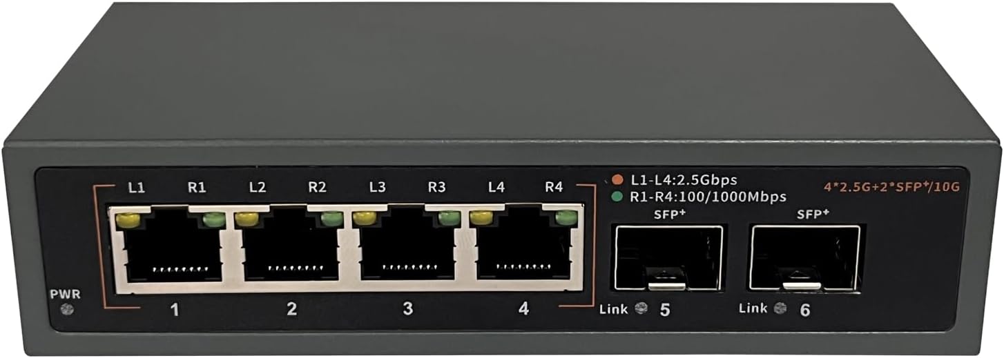 Amazon.com: 6 Port 2.5G Unmanaged Switch, 4 x 2.5G Base-T Ports, 2 x SFP+ Ports, Support 10/100 ...