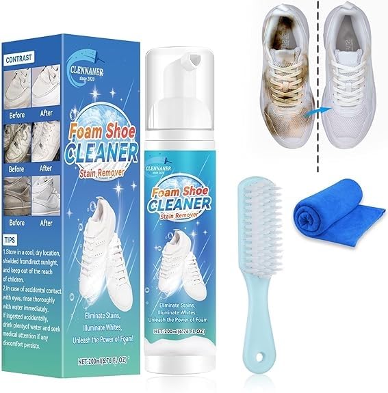 JICOOT Shoe Cleaner Kit, 250ML White Shoe Cleaner with Brush and Towel ...