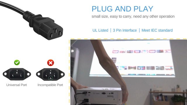 Projector Accessory Cable Standard AC Power Cord Replacement Cable ...