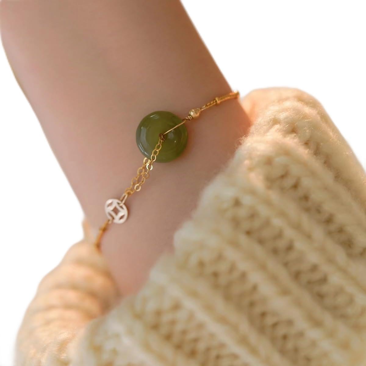 Amazon.com: 14k Gold Hetian Jade Peace Buckle Bracelet - Feng Shui ...