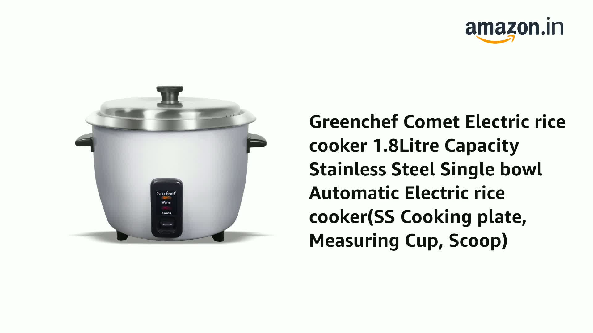 Watch Greenchef Comet Electric rice cooker 1.8Litre Capacity Stainless ...