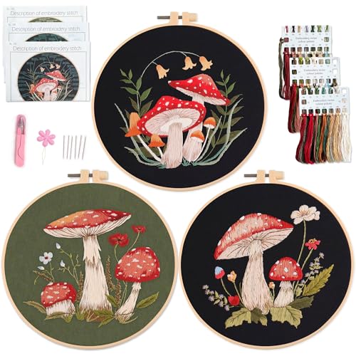 Myfelicity 3 Mushroom Embroidery kit, Adult Beginner DIY Needle kit,Art ...
