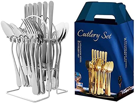 24Pcs Stainless Steel Flatware Set with Hanging Holder, Tableware ...