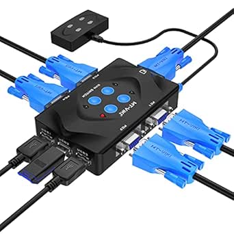 KVM Switch VGA 4 Port MT-VIKI KVM Console with 3 USB Ports + 2 in 1 Cables + Desktop Selector ...