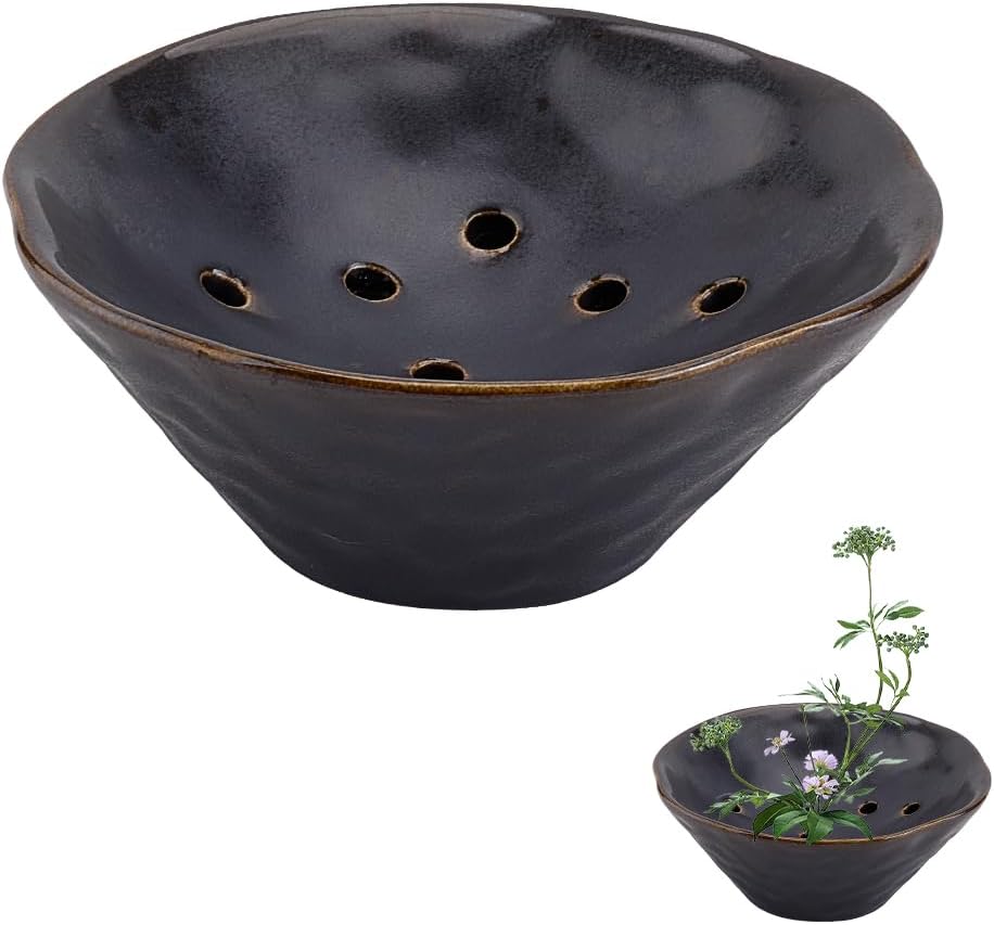 Amazon.com: AHANDMAKER Black Ceramic Vase Bowl Shape Floral Holder Ceramics Flower Pot, Round ...