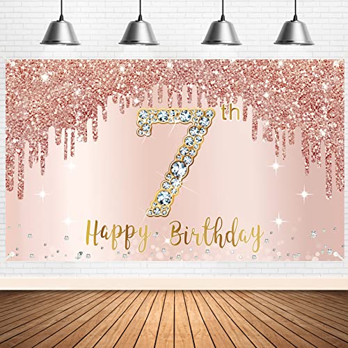 Happy 7th Birthday Banner Backdrop Decorations for Girls, Rose Gold 7 ...