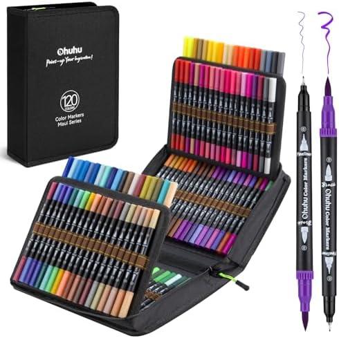 Ohuhu Colouring Pens: 120 Colours Dual Tips Brush Pens Water-Based Art ...