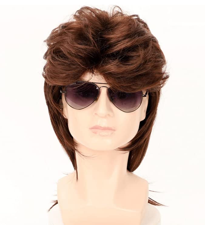 Amazon.com: Swiking Brown Mullet Wigs for Men 70s 80s Curly Retro Disco ...