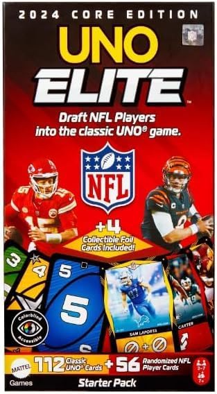 UNO Elite NFL Starter Deck Cards with 4 Surprise Collectible Foil Cards ...