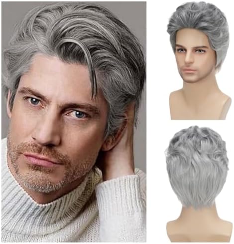 Amazon.com : Daiaces Mens Grey Wig Short Curly Wig Layered Natural ...