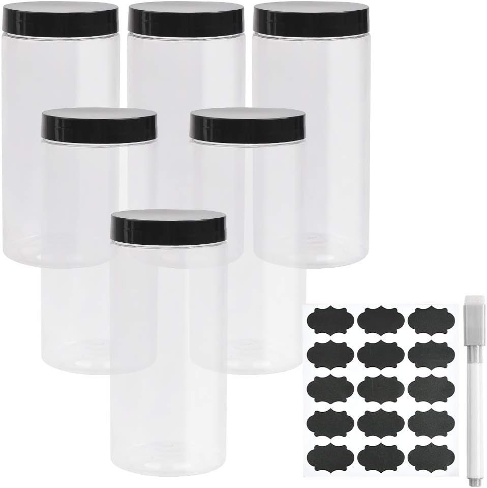 YBCPACK 6 Pack 40oz (1100ml) Large Clear Plastic Storage Jars with Lids ...