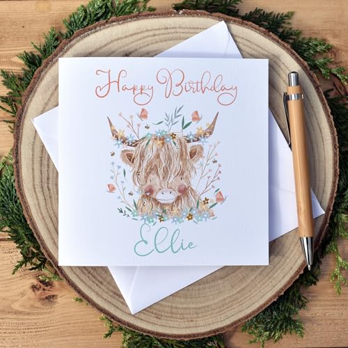 Personalised Cute Highland Cow Birthday Card, Child's Birthday Card ...