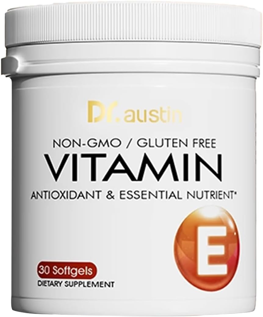 Amazon.com: DR.AUSTIN 天然維他命 E 軟膠囊 - 30 入,非轉基因無麩質抗氧化補充劑,皮膚和頭髮健康,小麥胚芽油膠囊 ...