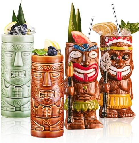 Amazon.com: Tiki Mugs Set of 4 - Exotic Cocktail Glasses, Hawaiian ...