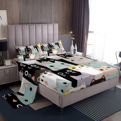 Amazon.com: jejeloiu Cute Cat Print Bed Sheets Set King Size Cartoon ...