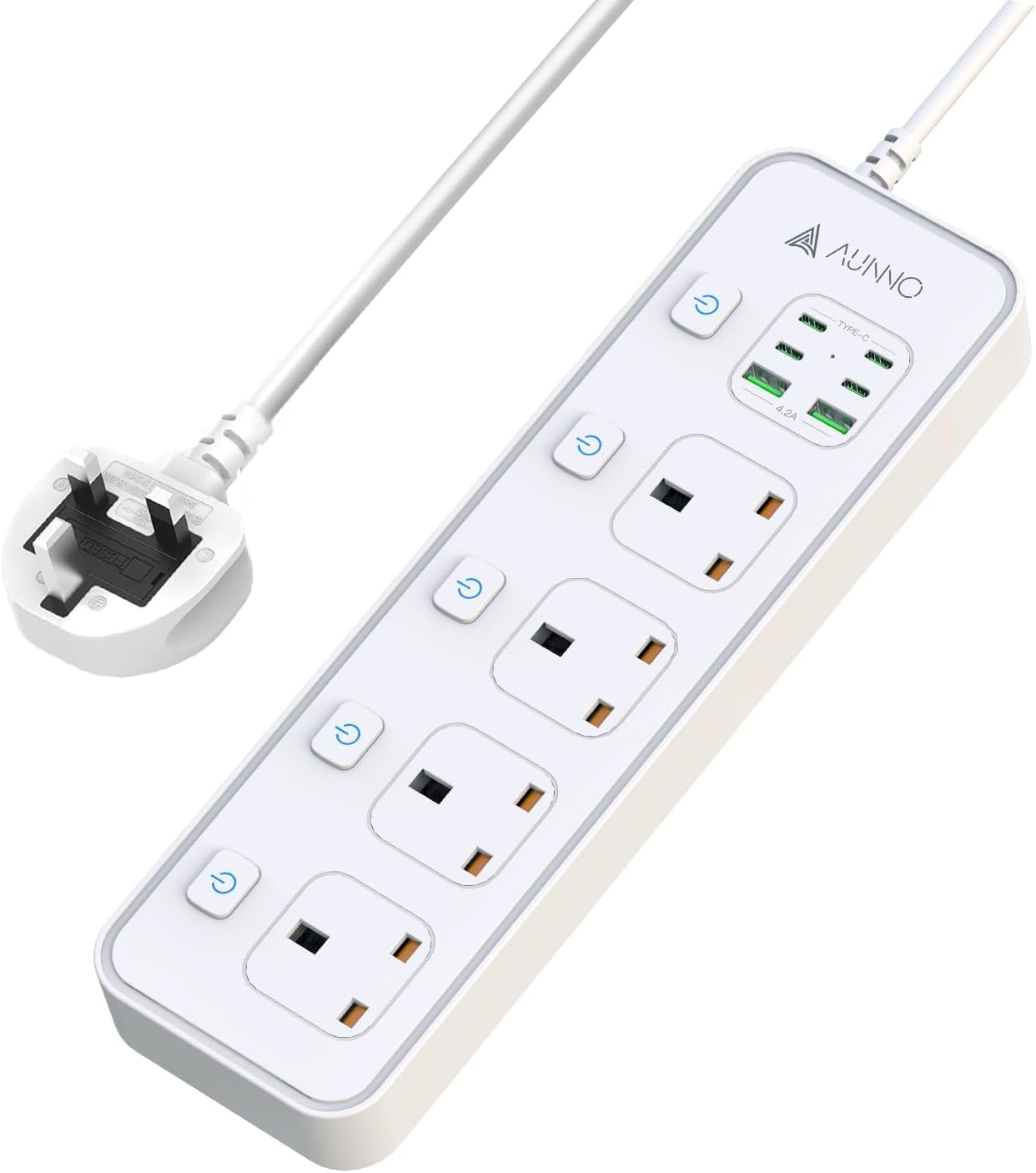 AUNNO Extension Lead with USB Slots, 4 Way Sockets Outlets with 4 USB-C ...