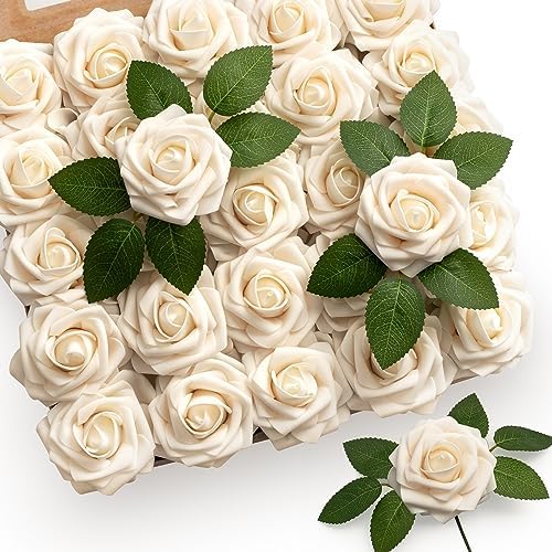 Amazon.com: Mocoosy 50Pcs Rose Artificial Flowers, Cream White Fake ...