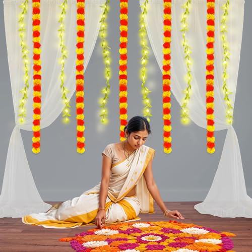 Party Propz White Net Backdrop for Pooja Decoration with Leaf Lights ...