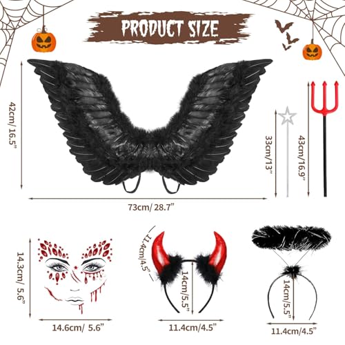 Humairc Black Angel Wings Costume Halloween Costumes Woman Devil Horns ...