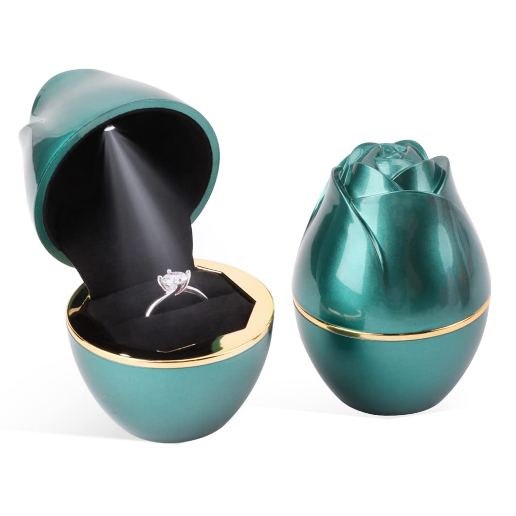Rolin Roly Green Ring Box with LED Light Rose Jewelry Ring Case ...