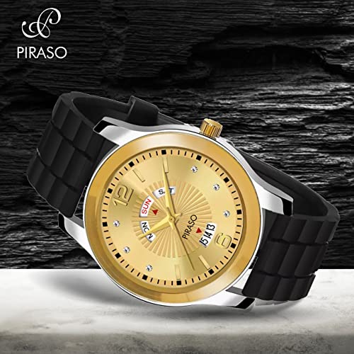 Buy PIRASO Analog Day and Date Working Display Golden DIAL & Black MESH ...