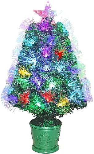 GYMAX 2FT Pre-Lit Christmas Tree, Mini Fiber Optic Tree with Triangular ...