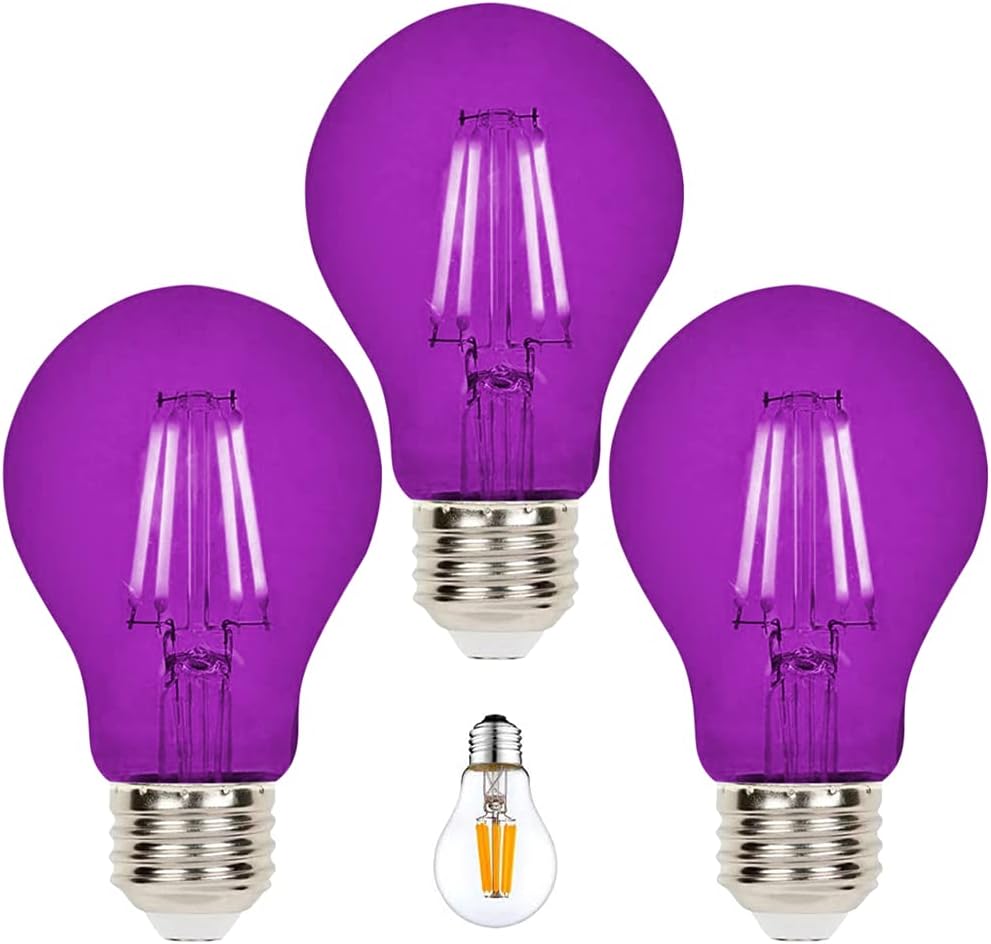 3 Pack A19 Filament LED Purple Light Bulbs – E26 Base 8W 75 Watt ...
