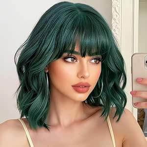 Amazon.com: Miuric Dark Green Wig for Women Short Wavy Wigs with Bangs ...