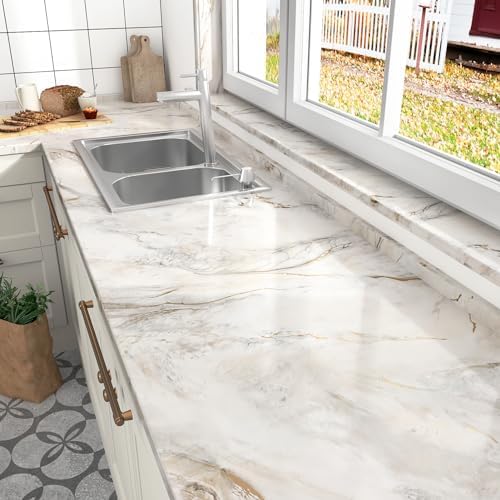 Wallercity Glossy Beige/Gold Marble Contact Paper for Countertops ...