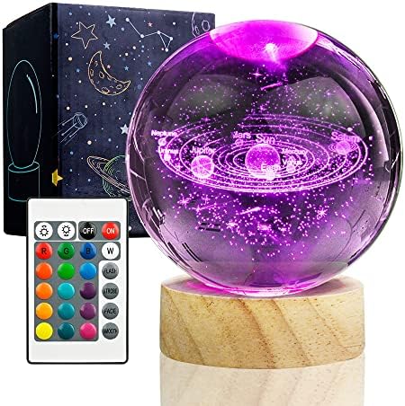 3D Solar System Crystal Ball Night Light with 16 Color LED Wooden Base ...