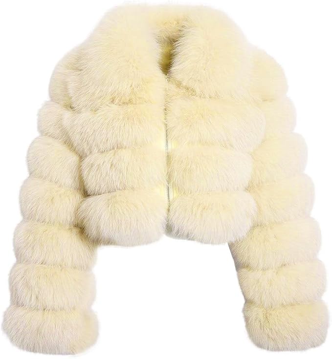 loveimgs Women Fluffy Faux Fur Coat Cropped Jacket Puffer Jacket Zip Up ...