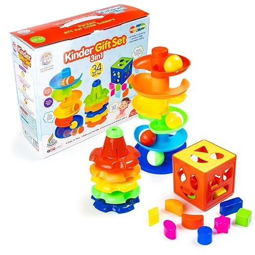 KIDIIG 3 in 1 Kinder Gift Set Containing Stack-N-Spin, Rainbow Spinning Tower & Shape Sorter ...
