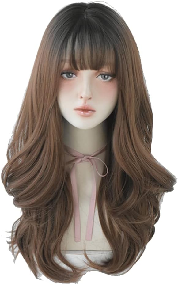 Amazon.com: PULASSI Beautiful Wigs Brown Wig with Flat Bangs Long Wavy ...