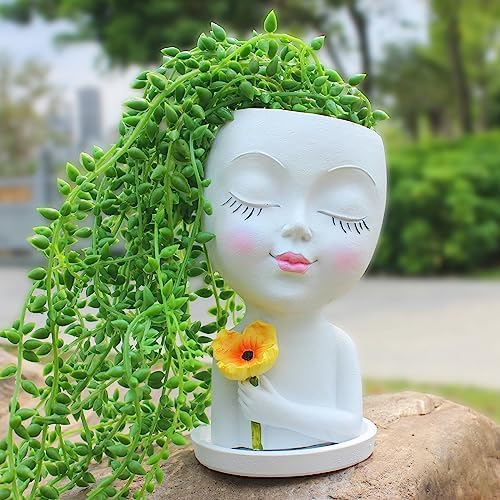 Face Planter Pots Resin With Drainage - Girl Holding Coffee Design For ...