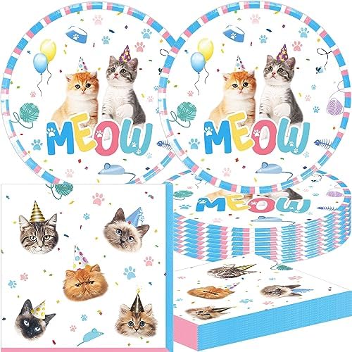 Amazon.com: 40Packs Pet Cat Birthday Party Supplies,20 Plates and 20 ...